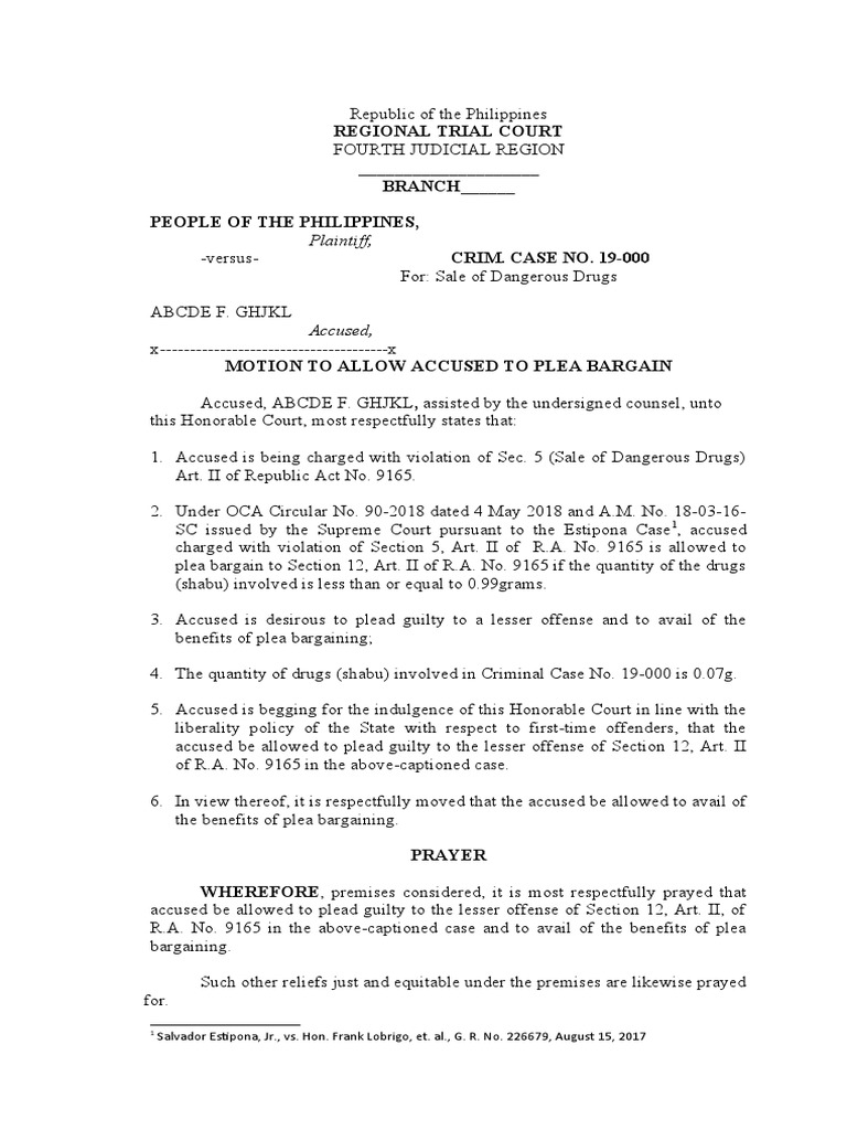 Sample Motion To Plea Bargain | PDF | Plea | Plea Bargain