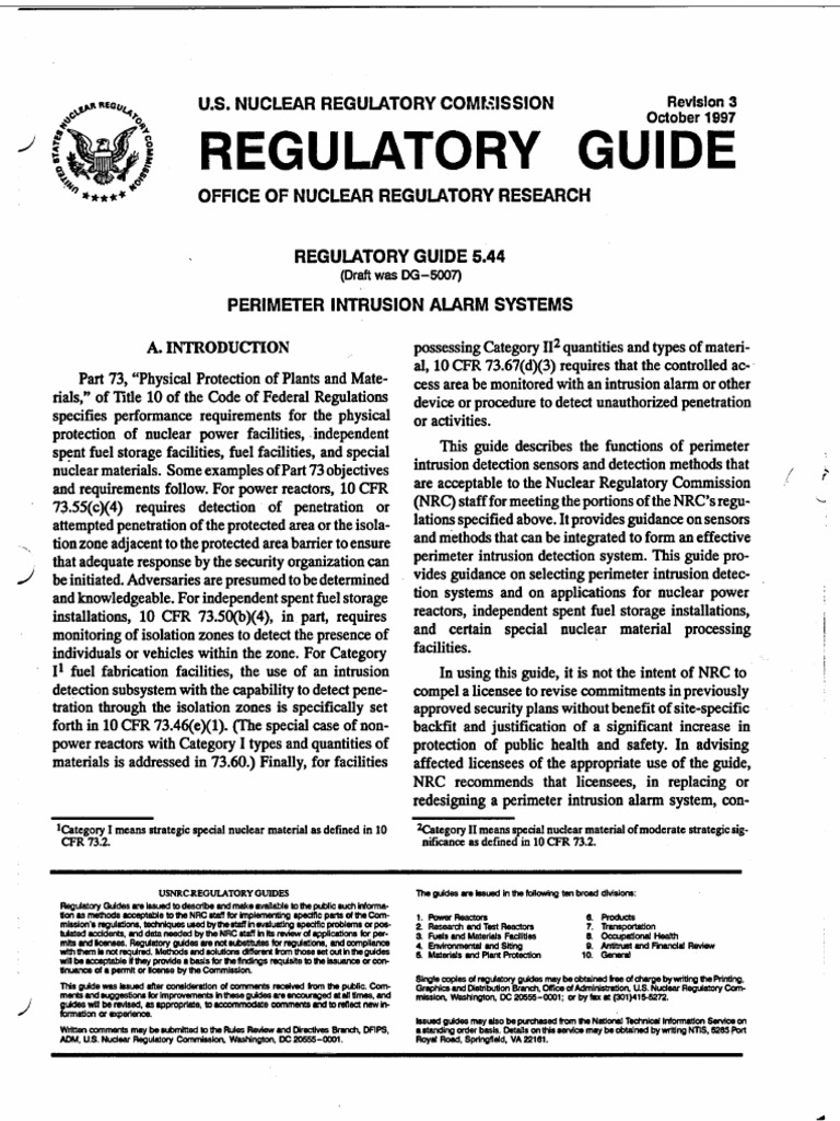 Regulatory Guide 5.44 Revision 3 (Draft Was DG-5007) Perimeter ...