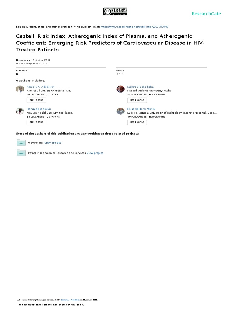 Castelli Risk Index Atherogenic Index of Plasma and Atherogenic ...