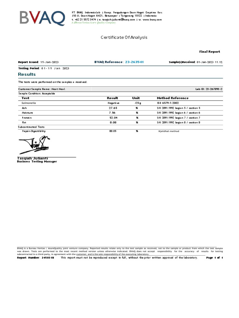 Coa MBM (Meat Meal) Bvaq | PDF