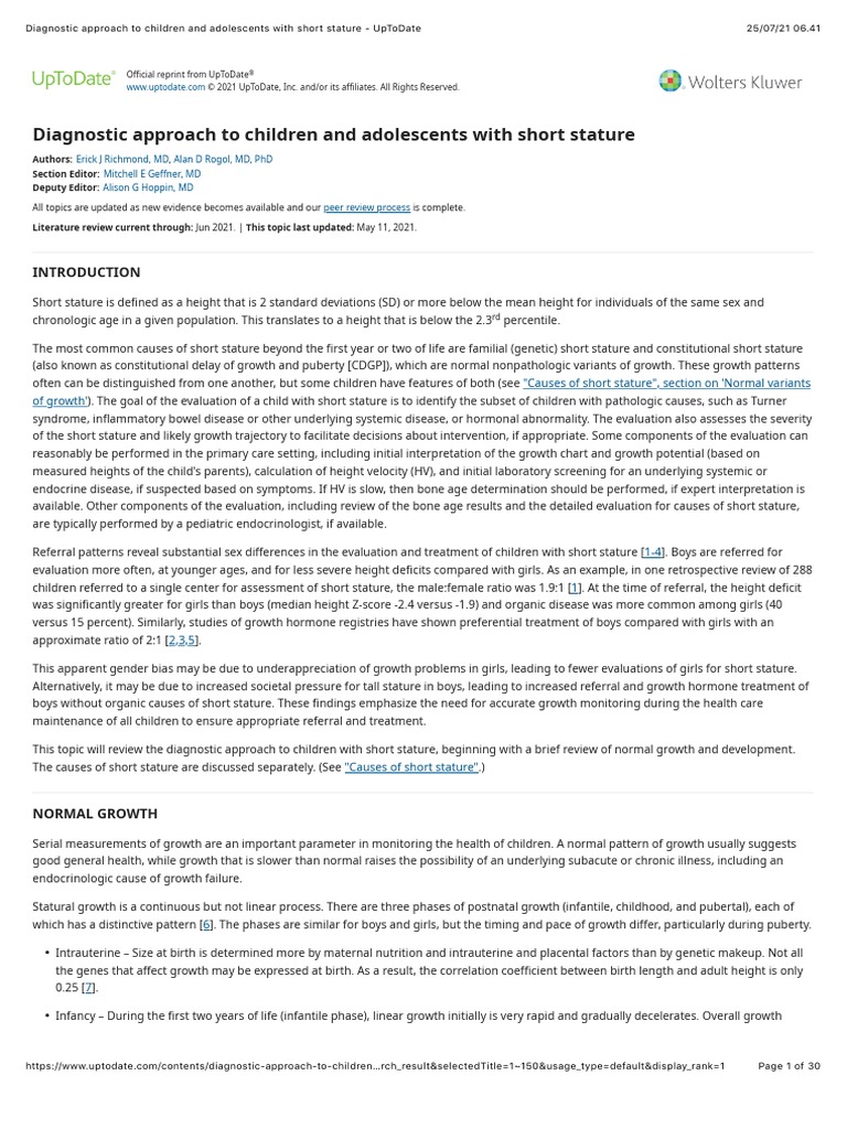 Diagnostic Approach To Children and Adolescents With Short Stature ...
