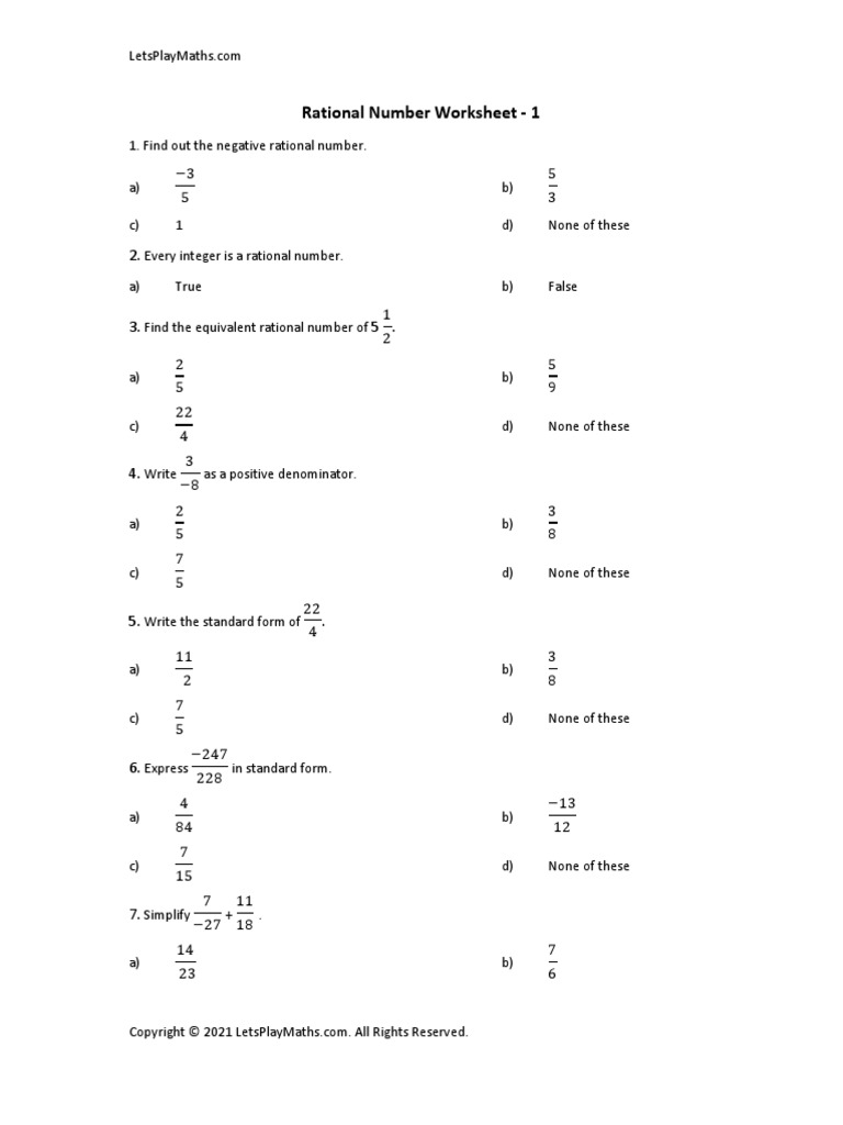 Rational Numbers Worksheet-1 | PDF | Rational Number | Multiplication