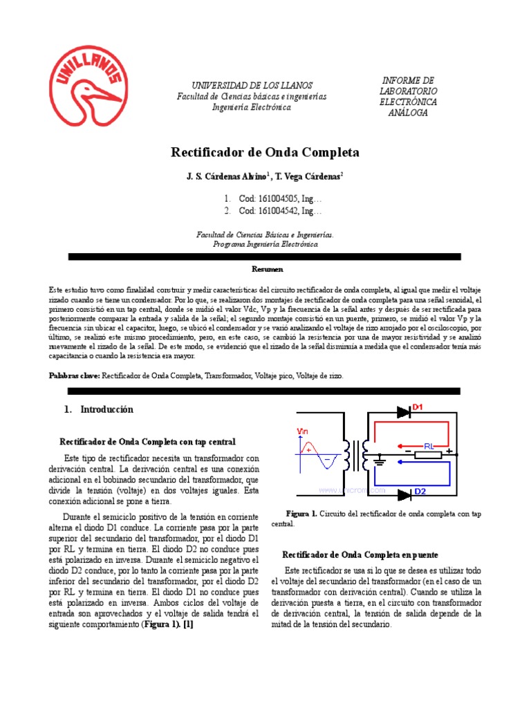 Informe Rectificador de Onda Completa | PDF | Rectificador | Equipo eléctrico