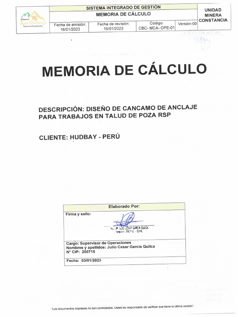 Memoria de Calculo de Cancamo - Rev2 | PDF Memoria de Calculo de Cancamo - Rev2 | PDF