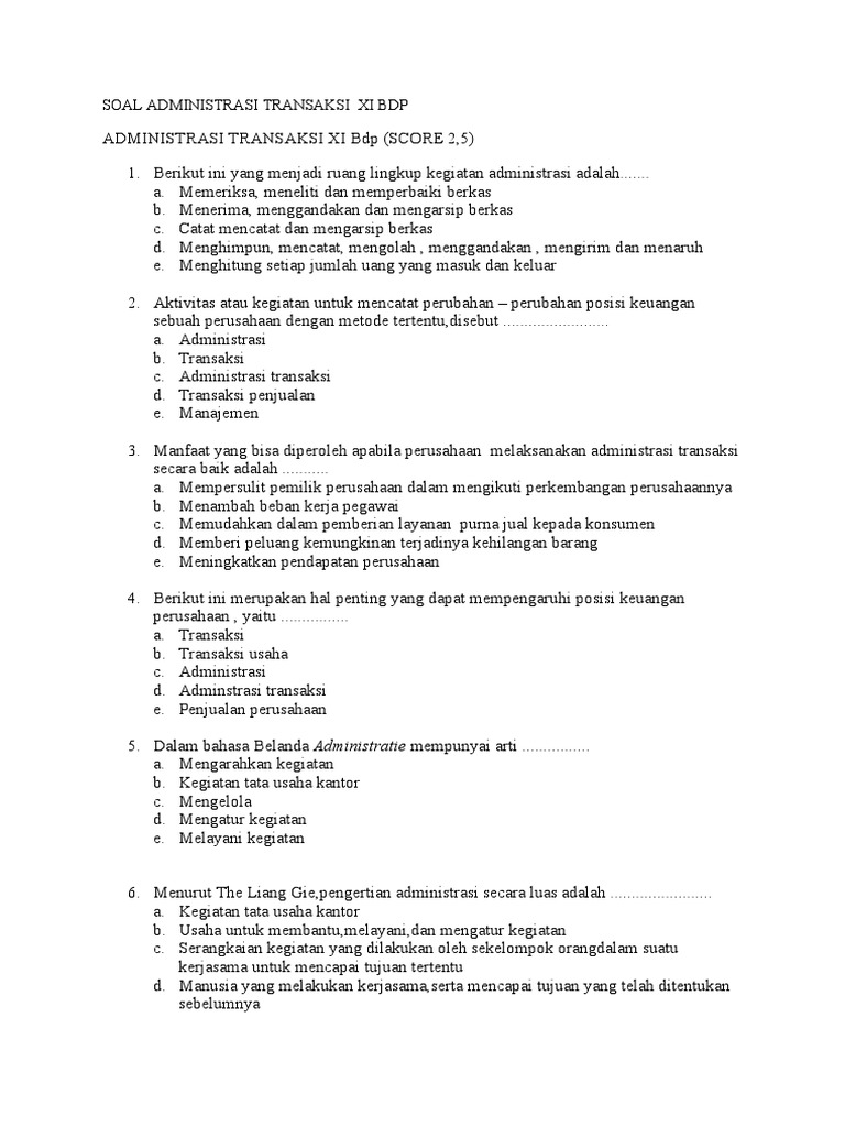 Latihan Soal Administrasi Transaksi Xi BDP | PDF