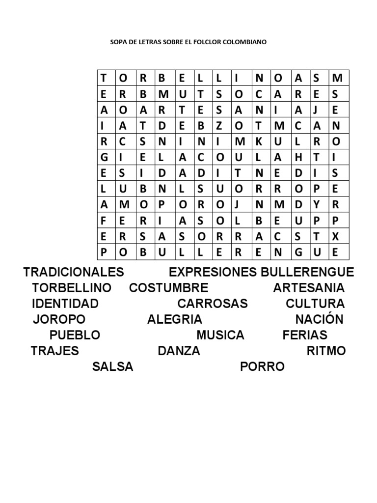 Sopa de Letras: Folclore Colombiano | PDF | Música latino-americana