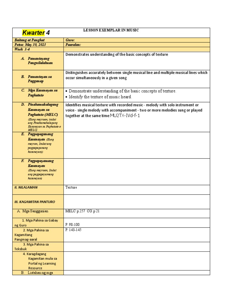 Lesson Exemplar in Music Q4 - WK 3-4 | PDF
