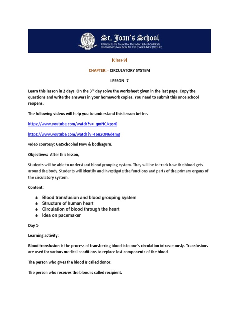 Class 9 - Biology Lesson-7-Circulatory System 2 | PDF | Heart Valve | Heart