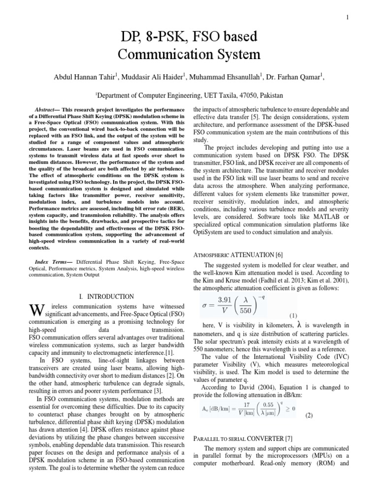 Dp 8 Psk Fso Based Communication System Pdf Attenuation Modulation