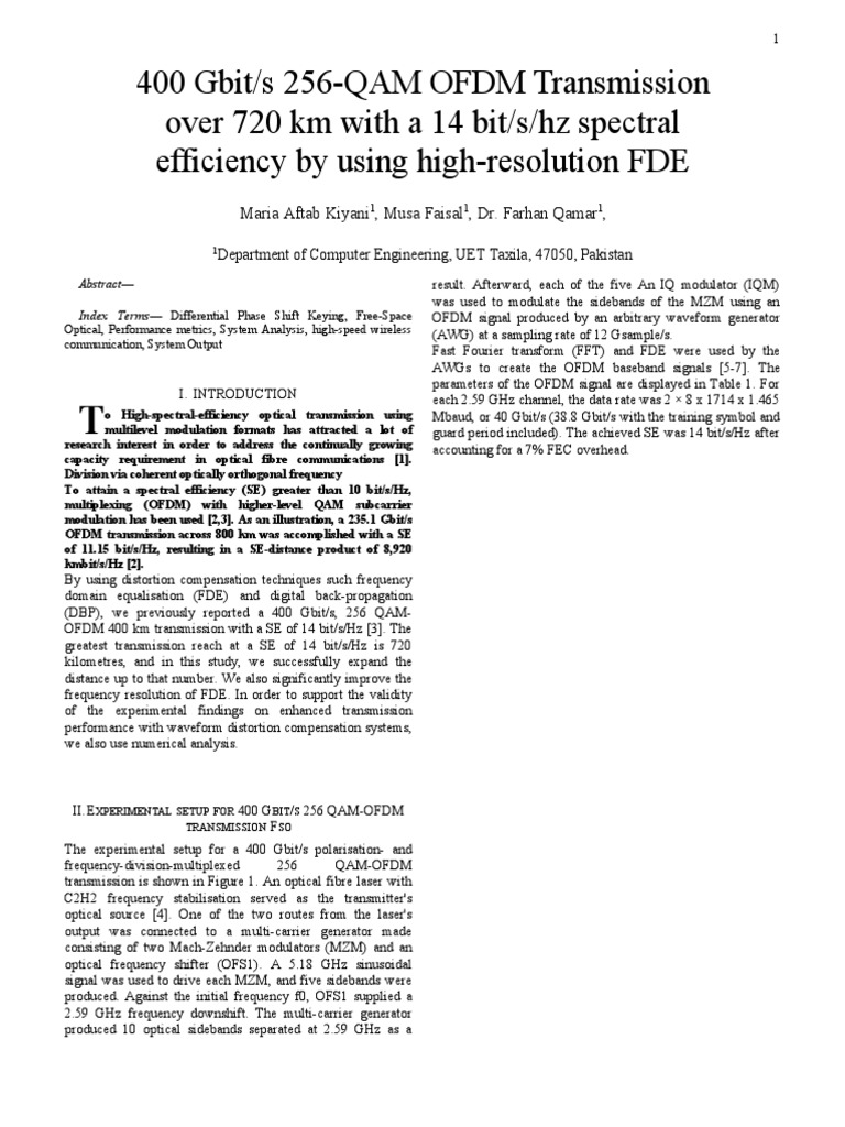 400 Gbit/s 256 QAM-OFDM FSO Transmission | PDF | Orthogonal Frequency ...