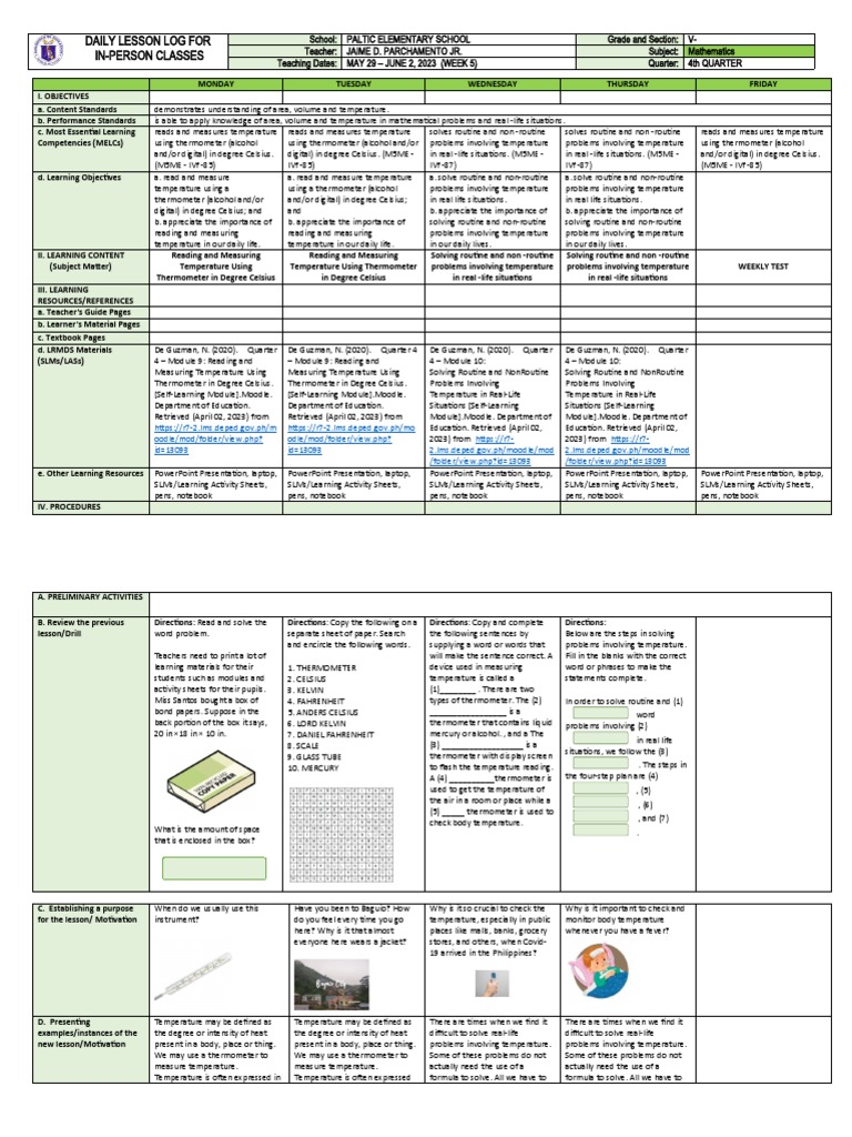 G5 Q4W5 DLL MATH MELCs | PDF | Thermometer | Temperature