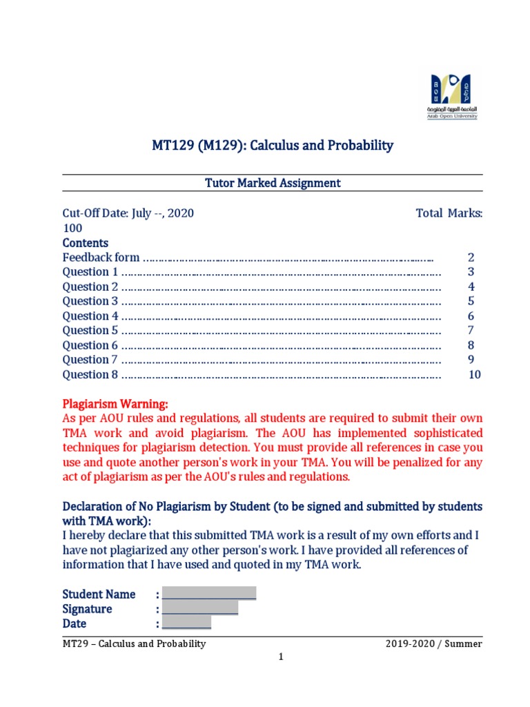 MT129 M129 TMA Summer 2019 2020 | PDF | Area | Calculus