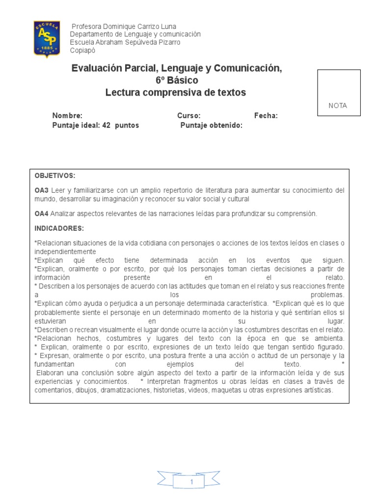 Evaluacion Lectura Comprensiva | PDF | Panes