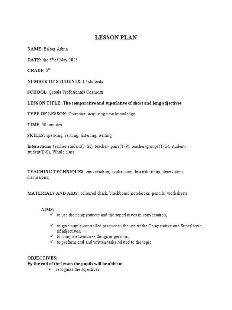 Lesson Plan Viii | PDF | Adjective | Lesson Plan