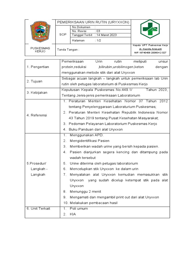 8.1.1.1 (4) V SOP PEMERIKSAAN URIN RUTIN (URYXXON) | PDF