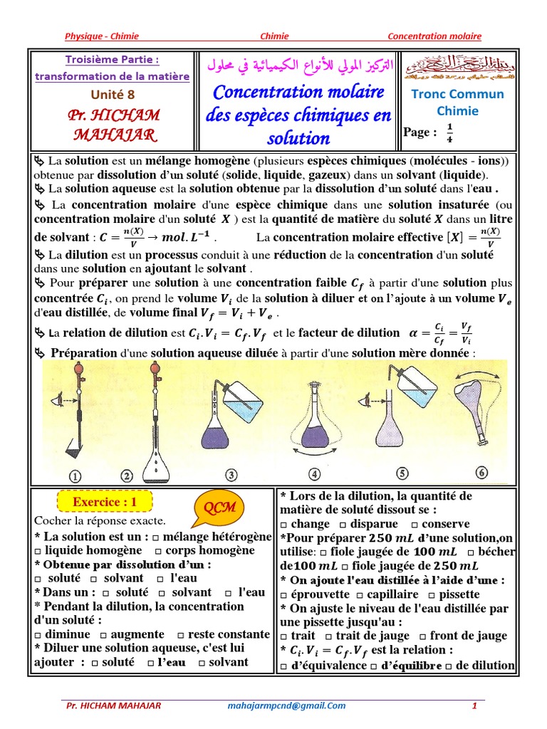 Concentration Molaire Des Especes Chimiques en Solution Exercices FR | PDF