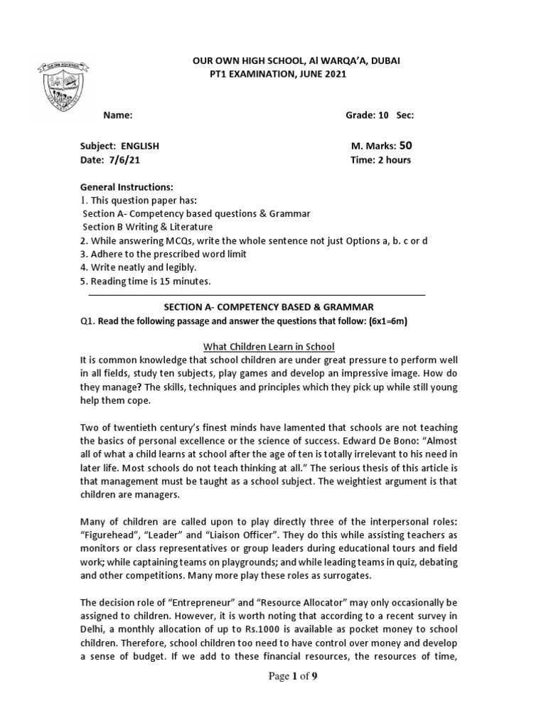English QP - GR 10 PT1 (Final) | PDF | Knee | Thought