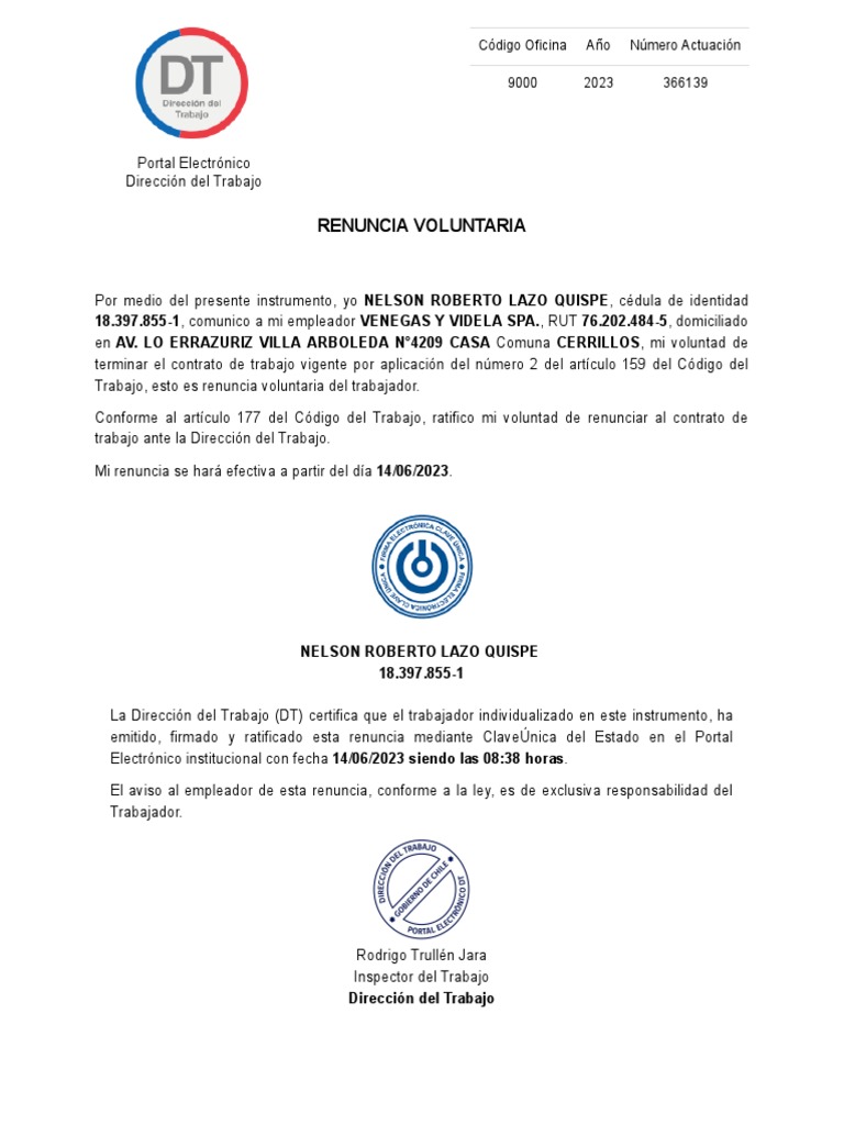 RenunciaElectronica 2141650 | PDF | Finanzas y dinero