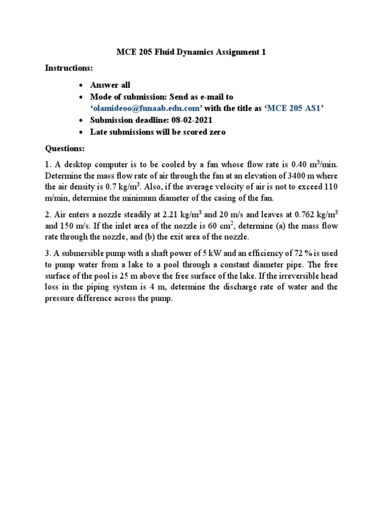 MCE 205 Fluid Dynamics Assignment 1 | PDF