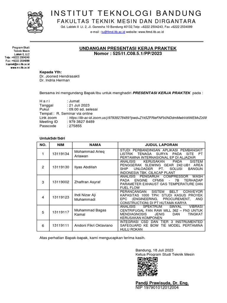 Undangan Presentasi KP 21 - 7 - 23A - J08 | PDF