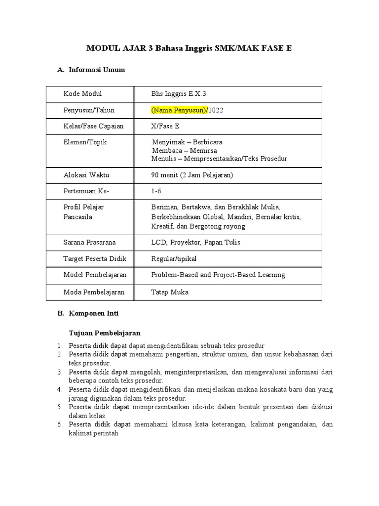 Modul Ajar - English - SMK-X - Unit 3 | PDF