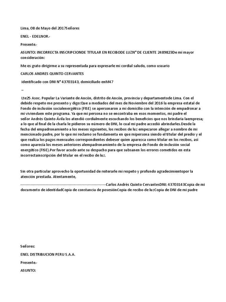 Modelo de Reclamo A Enel | PDF