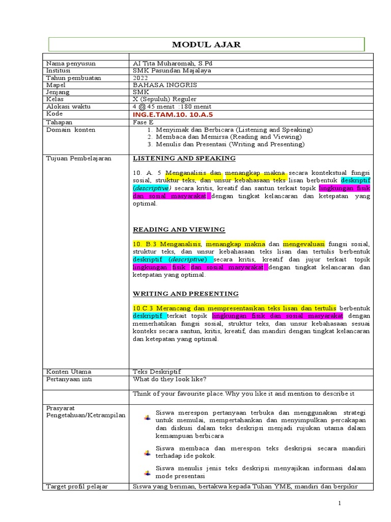 Modul Ajar B.ing Descriptive Text AT | PDF