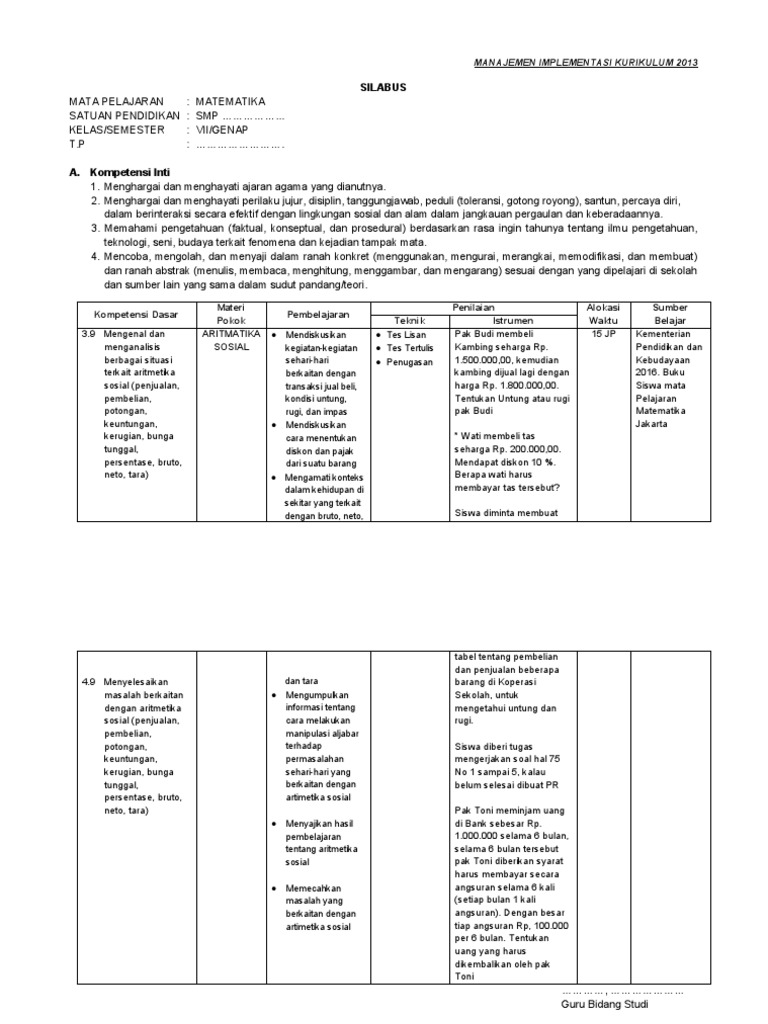 02.contoh Silabus Matemaka | PDF