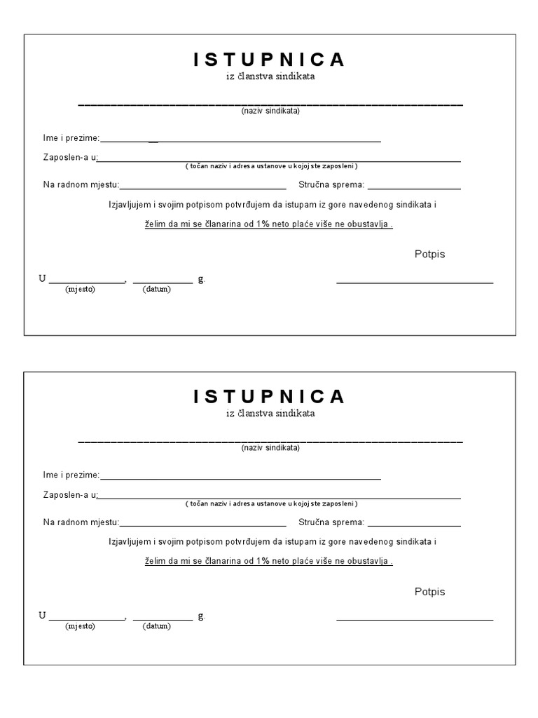 Obrazac - Zahtjev Za Ispis Iz Sindikata | PDF