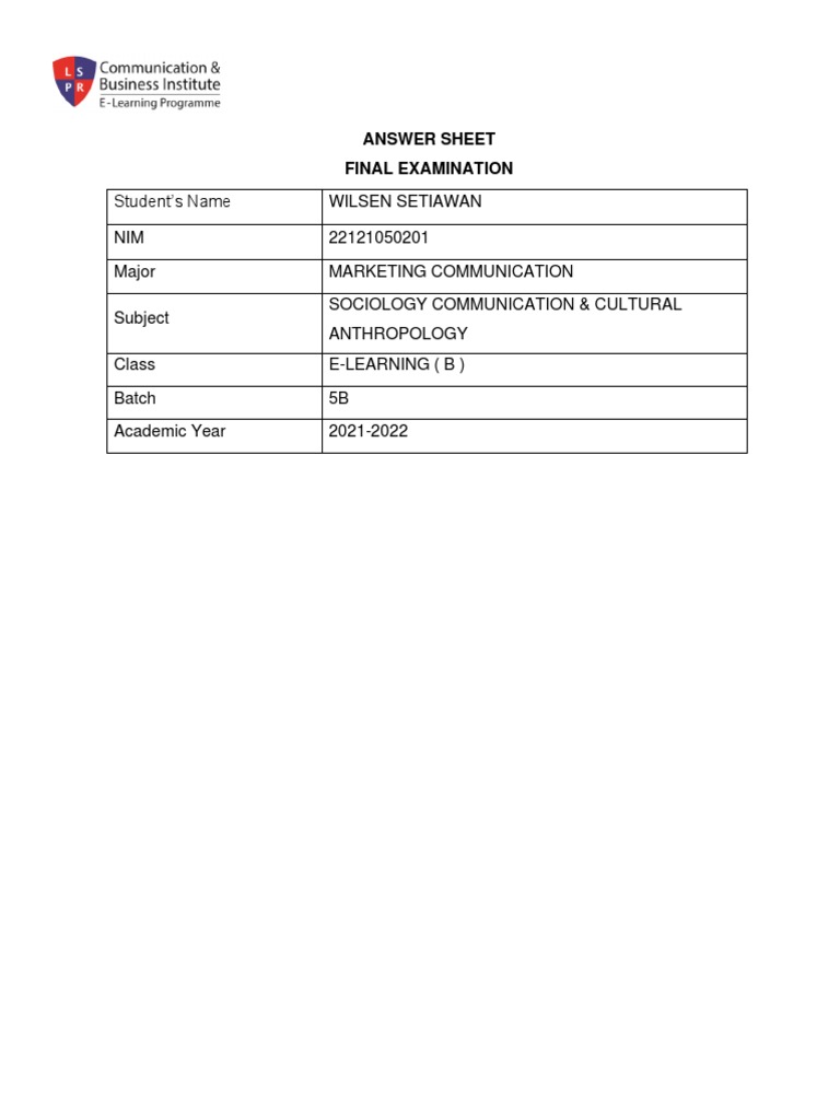 Answer Sheet Final Exam | PDF