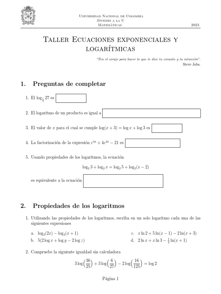 Taller Ecuaciones Logaritmicas - Exponenciales | PDF | Logaritmo | Ecuaciones