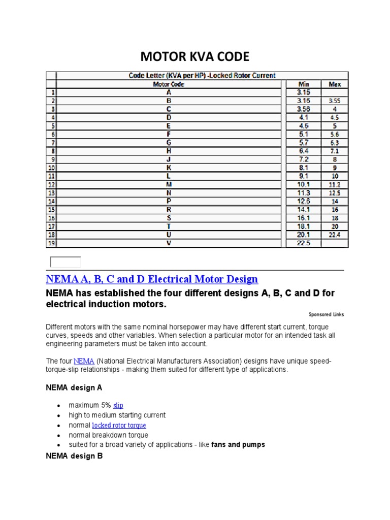 Motor Kva Code | PDF