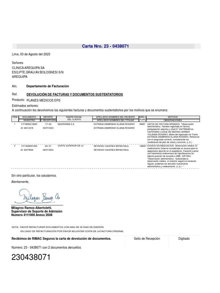 Carta Nro. 23 - 0438071 | PDF | Medicamentos con receta | Diagnostico ...