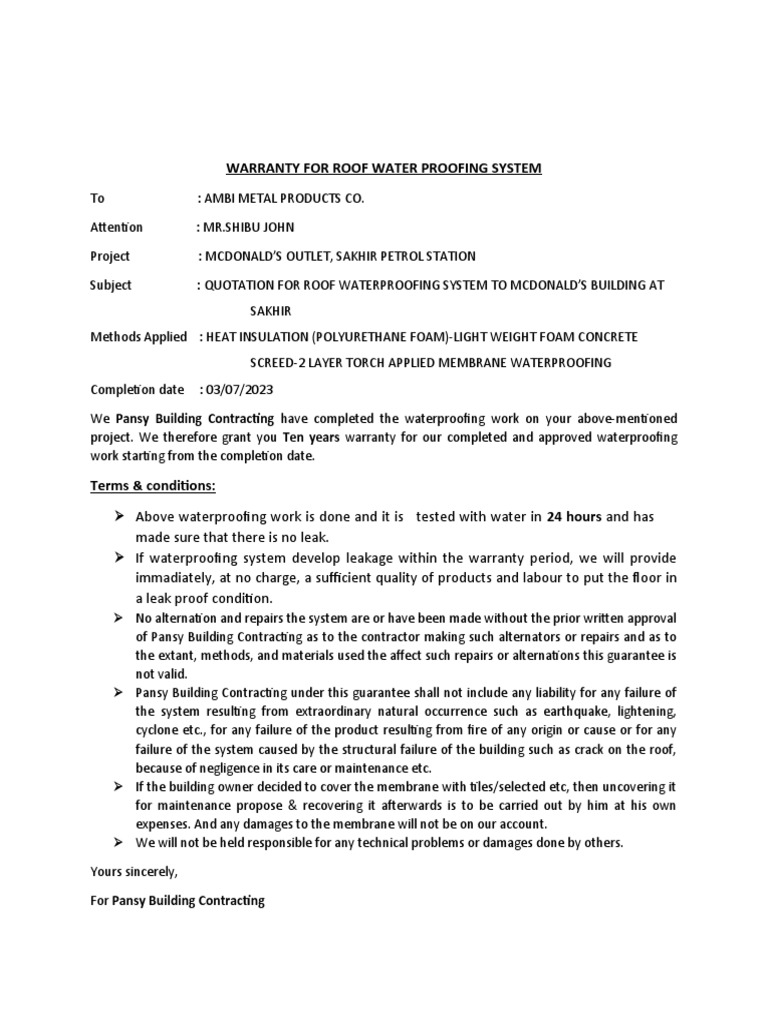 Warranty For Roof Water Proofing System | PDF