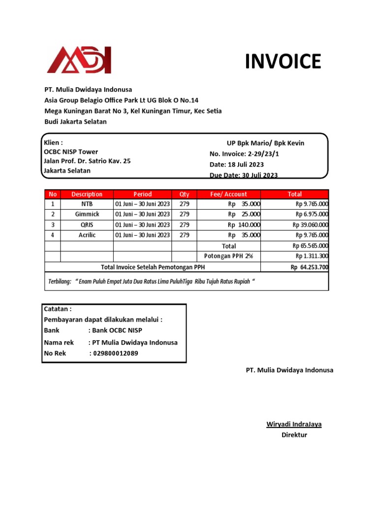 Invoice Indonusa - OCBC (Periode Juni 2023) | PDF