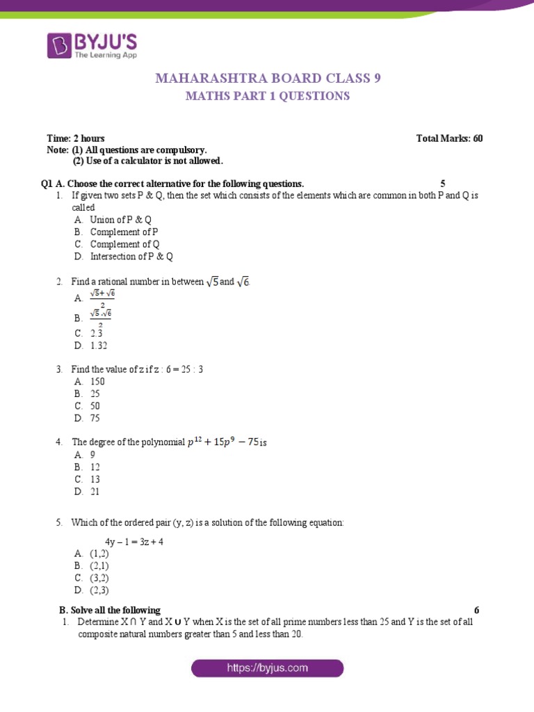 Class 9 Maharashtra Board Maths Paper | PDF | Equations | Mathematics