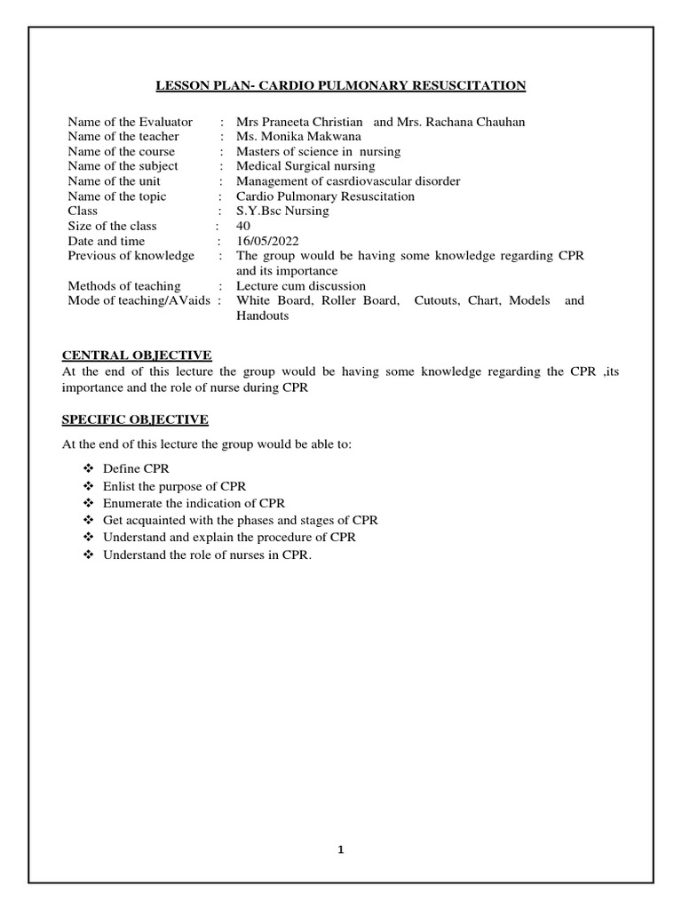 Cardiopulmonary Resuscitation - Lesson Plan | PDF | Cardiopulmonary ...
