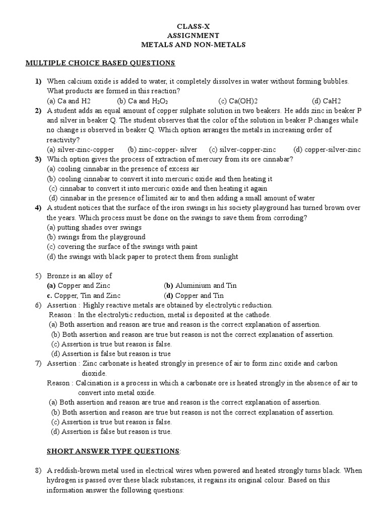 Assignment - Metalsand Non Metals | PDF | Redox | Metals