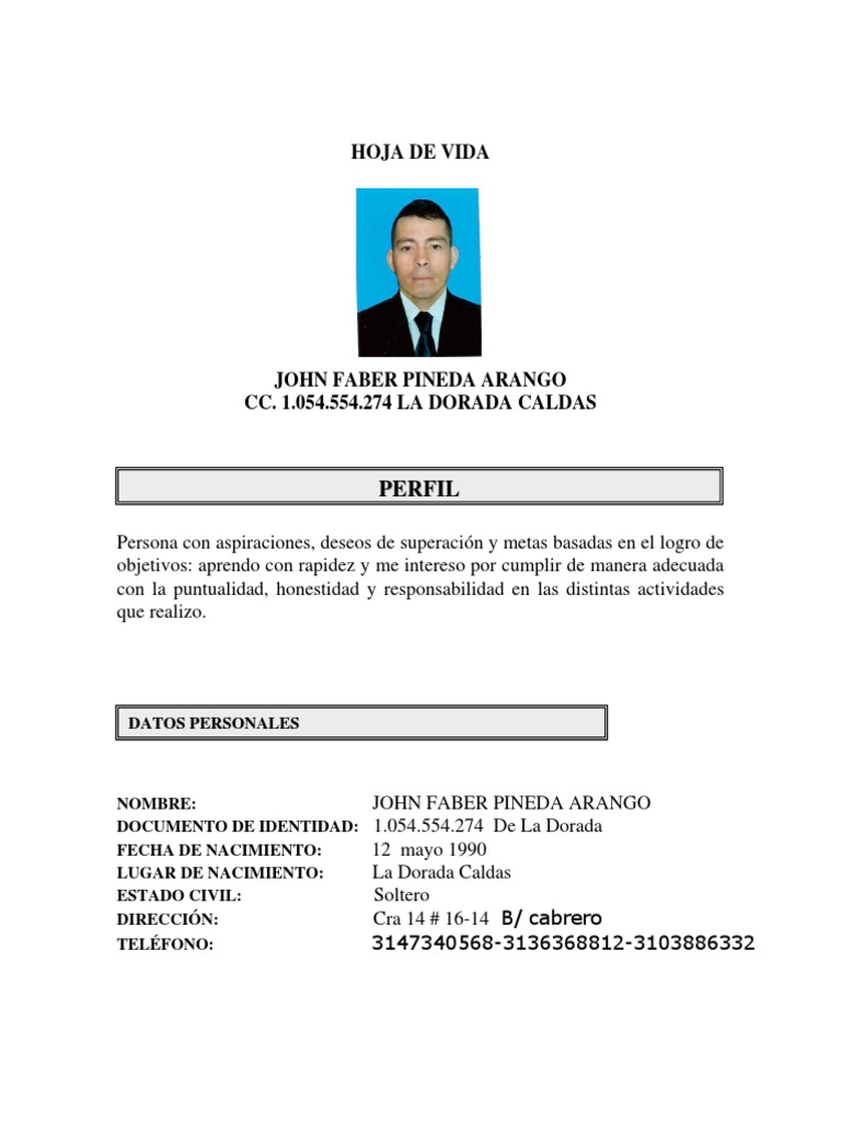 Hoja de Vida. John Faber Pineda | PDF