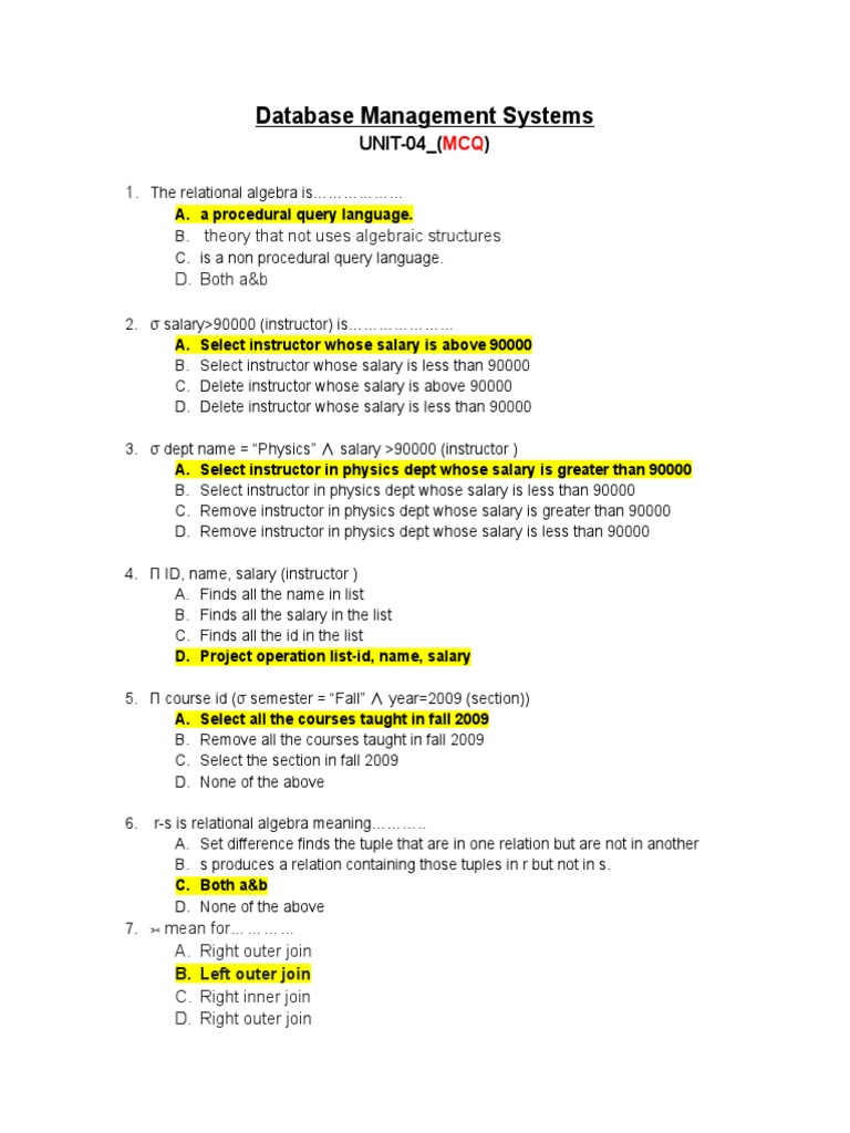 DBMS Unit-4 MCQ - S | PDF | Relational Model | Information Retrieval DBMS Unit-4 MCQ - S | PDF | Relational Model | Information Retrieval