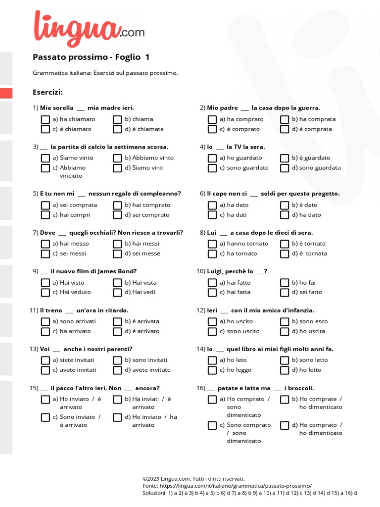 Passato Prossimo Esercizi 1 | PDF