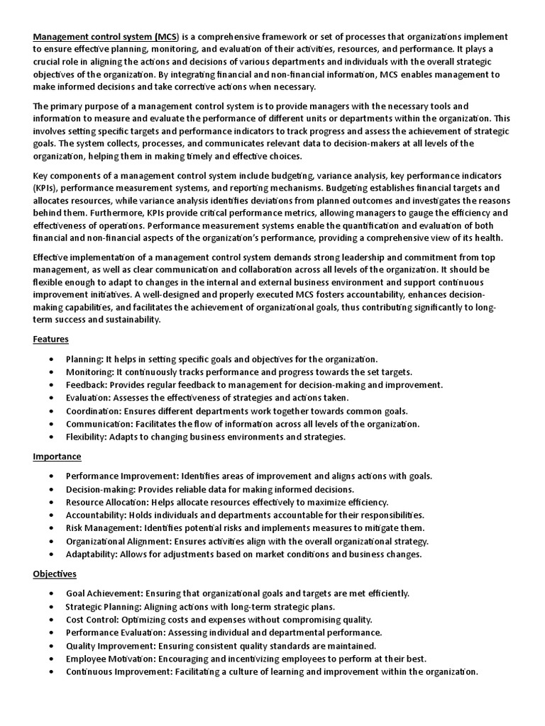 Management Control System (MCS) Is A Comprehensive Framework or Set of ... Management Control System (MCS) Is A Comprehensive Framework or Set of ...