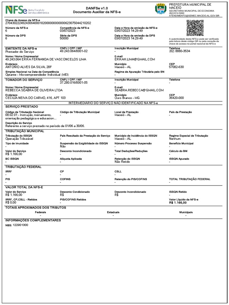 Danfse V1.0 Documento Auxiliar Da Nfs-E | PDF