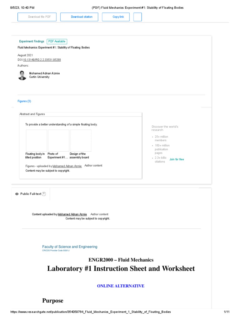 (PDF) Fluid Mechanics Experiment #1 - Stability of Floating Bodies ...