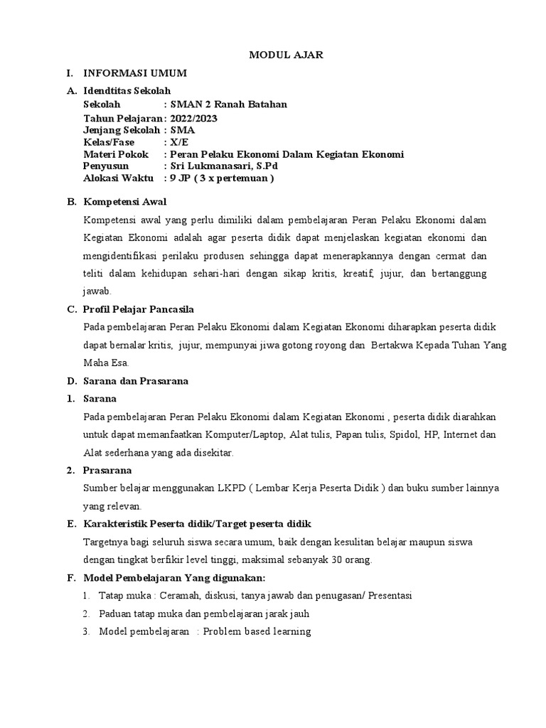 MODUL AJAR Kegiatan Ekonomi | PDF