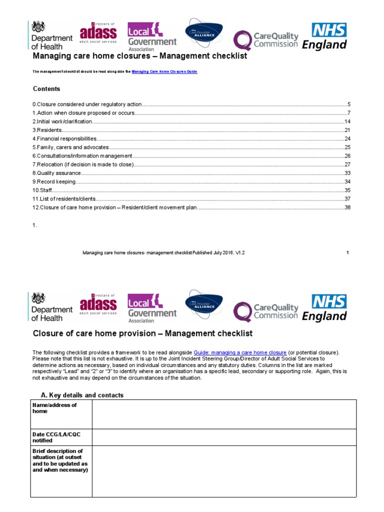 Checklist Managing Care Home Closures | PDF | Caregiver | Emergency