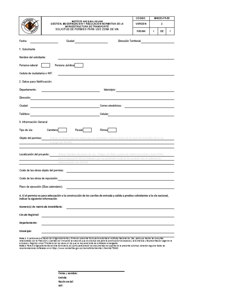 FORMATO SOLICITUD PARA USO DE VIA_INVIAS_MINSEI-FR-80 V-2 | PDF