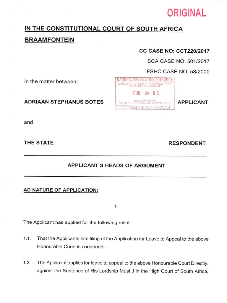 Applicant's Heads of Argument Botes V S | PDF