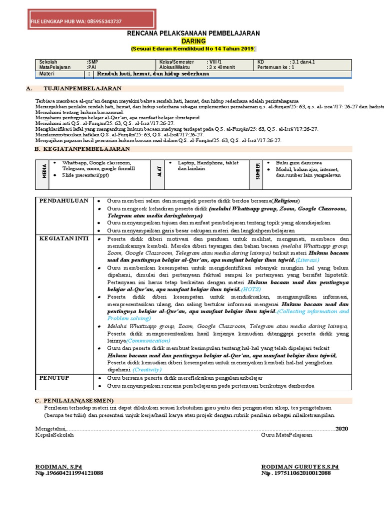 RPP Daring Pai SMP Kelas 8 BDR | PDF