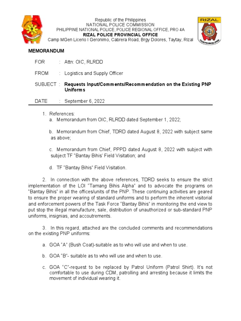 Request Input Comment Recommendation On The Existing PNP Uniforms | PDF ...